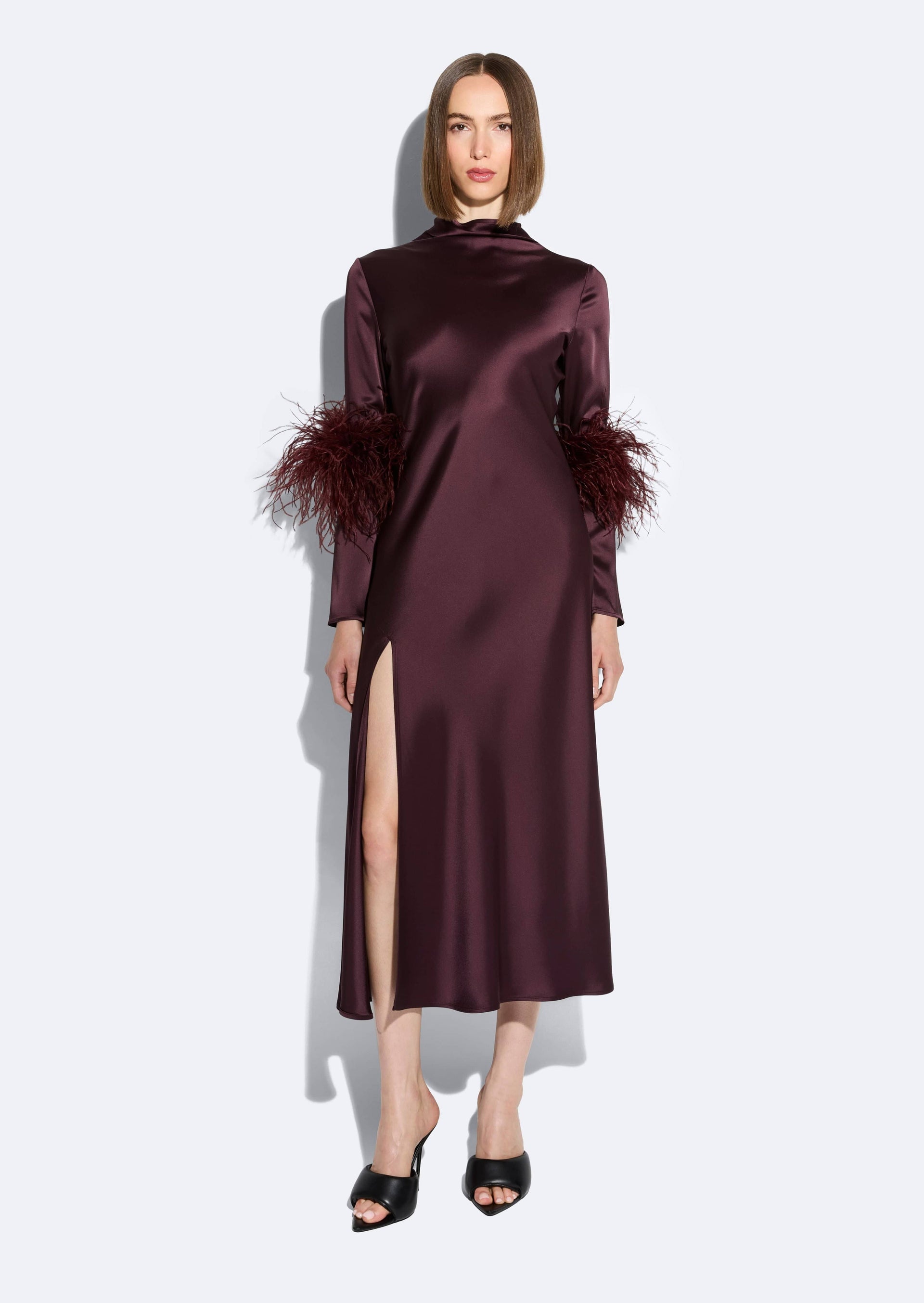 Satin Draped Neck Bias Dress With Feathers in Mulberry Red | LAPOINTE