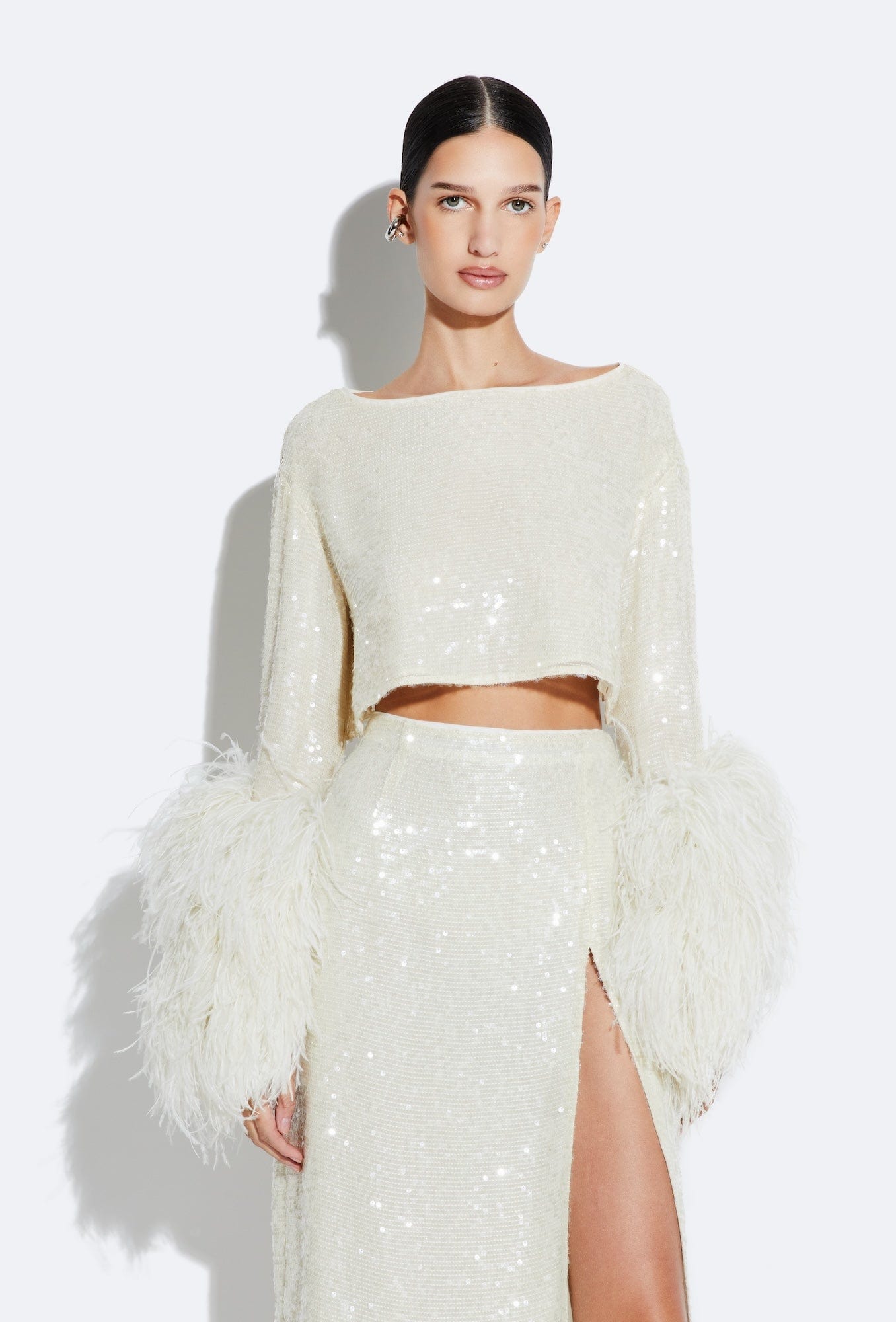 Sequin Cropped Top With Feathers in Cream Cream and Neutral | LAPOINTE