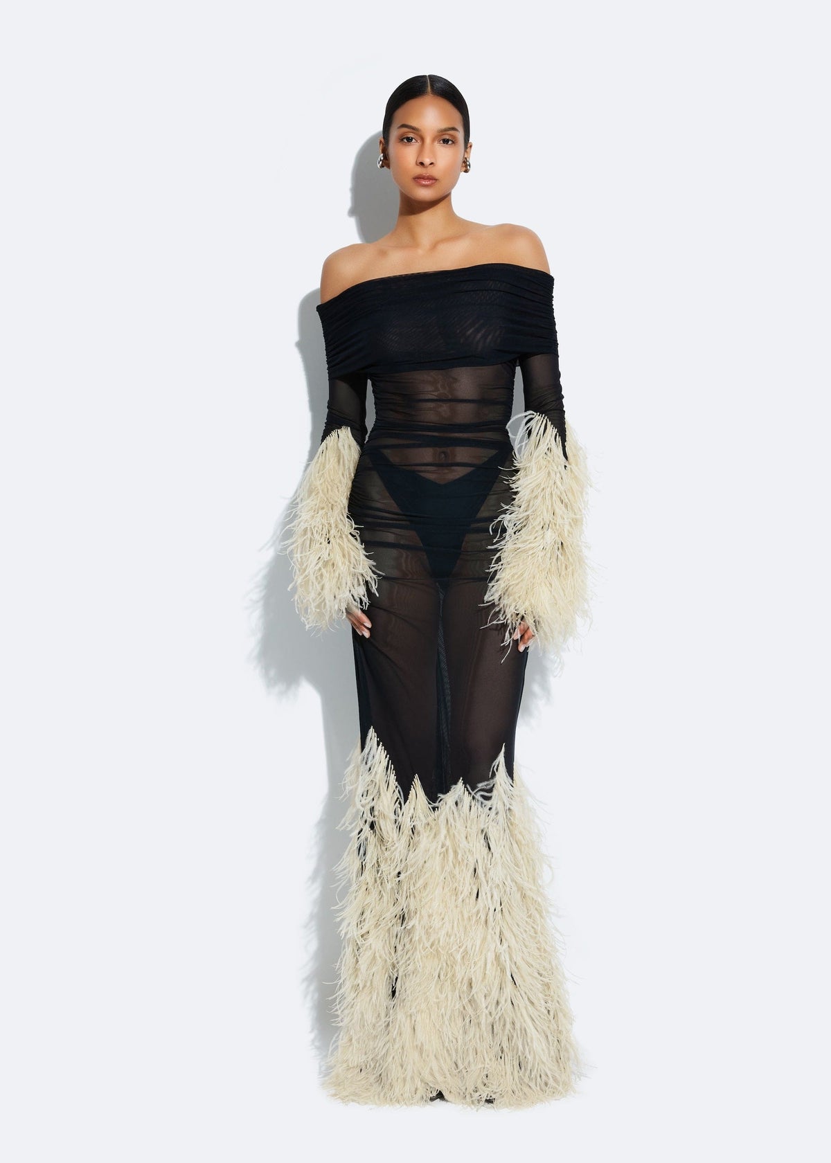 Mesh Off The Shoulder Gown With Feathers in Black Black | LAPOINTE