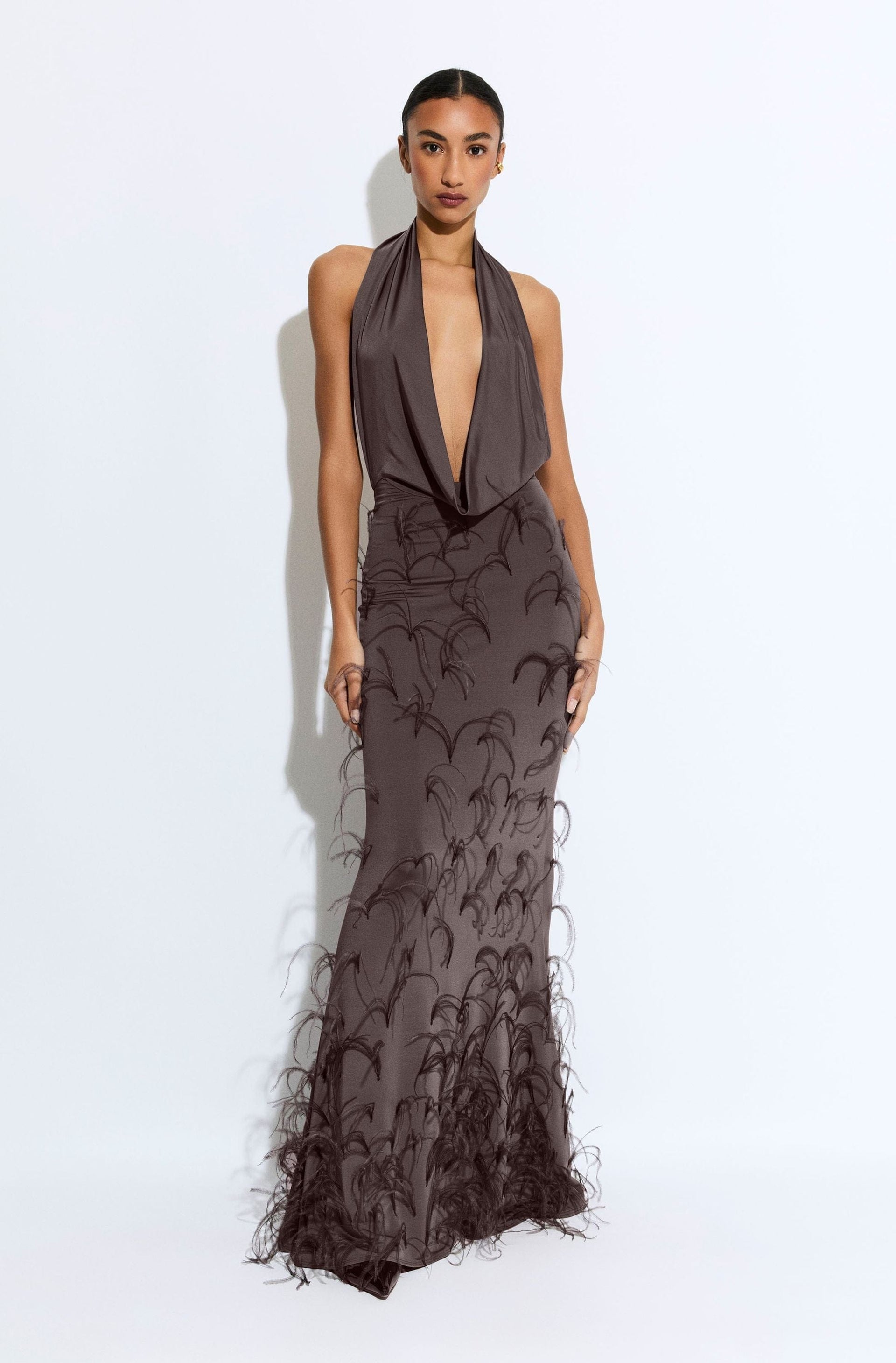 Lightweight Jersey Deep Cowl Neck Gown With Feathers in Mocha Dark ...