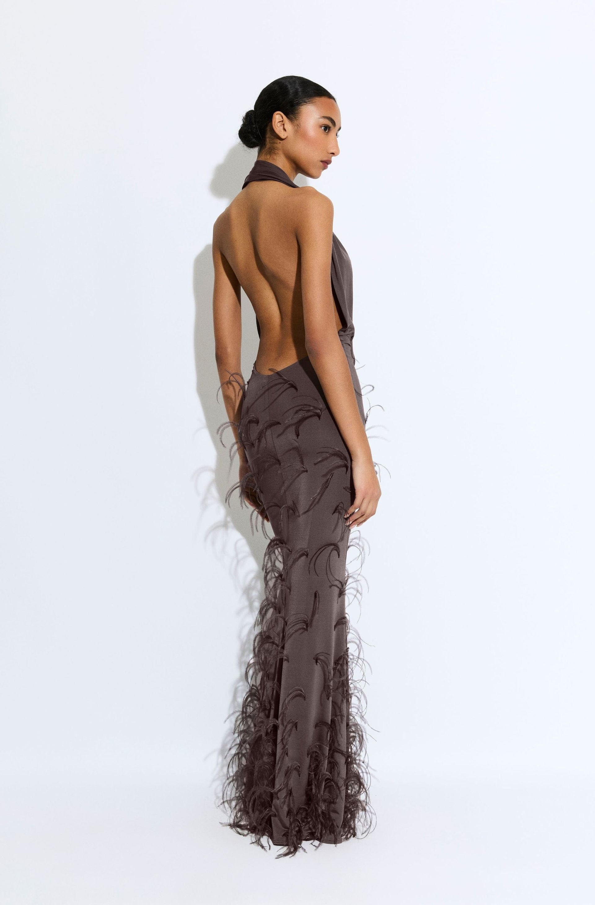 Lightweight Jersey Deep Cowl Neck Gown With Feathers in Mocha Dark ...