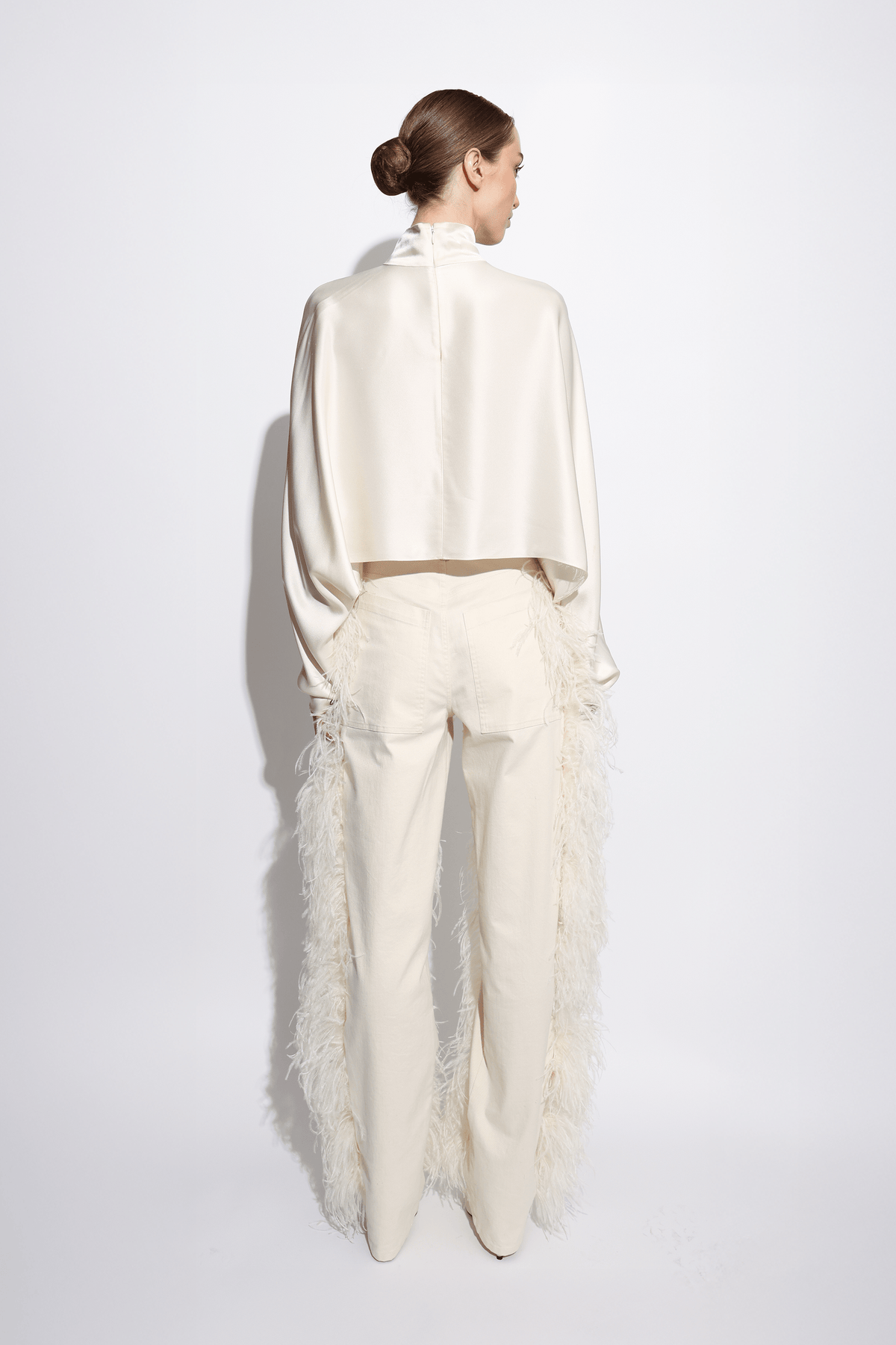 Stretch Cotton Twill Denim Pant With Feathers in Cream Cream | LAPOINTE