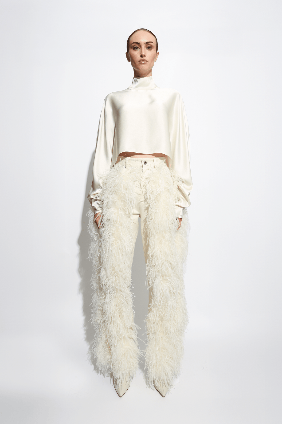 Stretch Cotton Twill Denim Pant With Feathers in Cream Cream | LAPOINTE