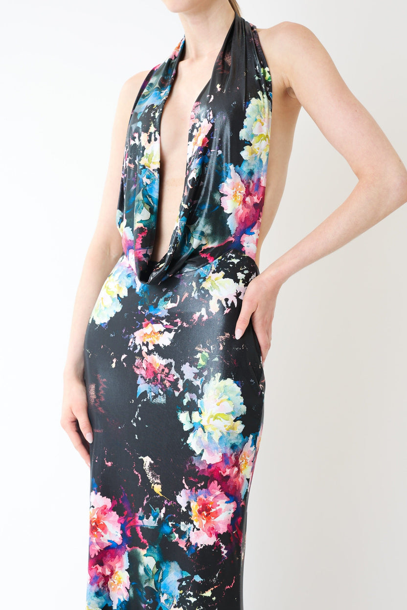 Floral Jersey Deep Cowl Neck Gown in Technicolor floral Black | LAPOINTE