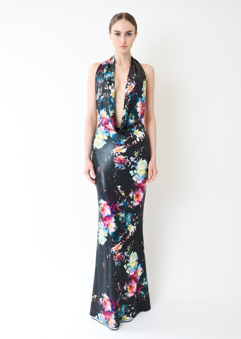 Floral Jersey Deep Cowl Neck Gown in Technicolor floral Black | LAPOINTE