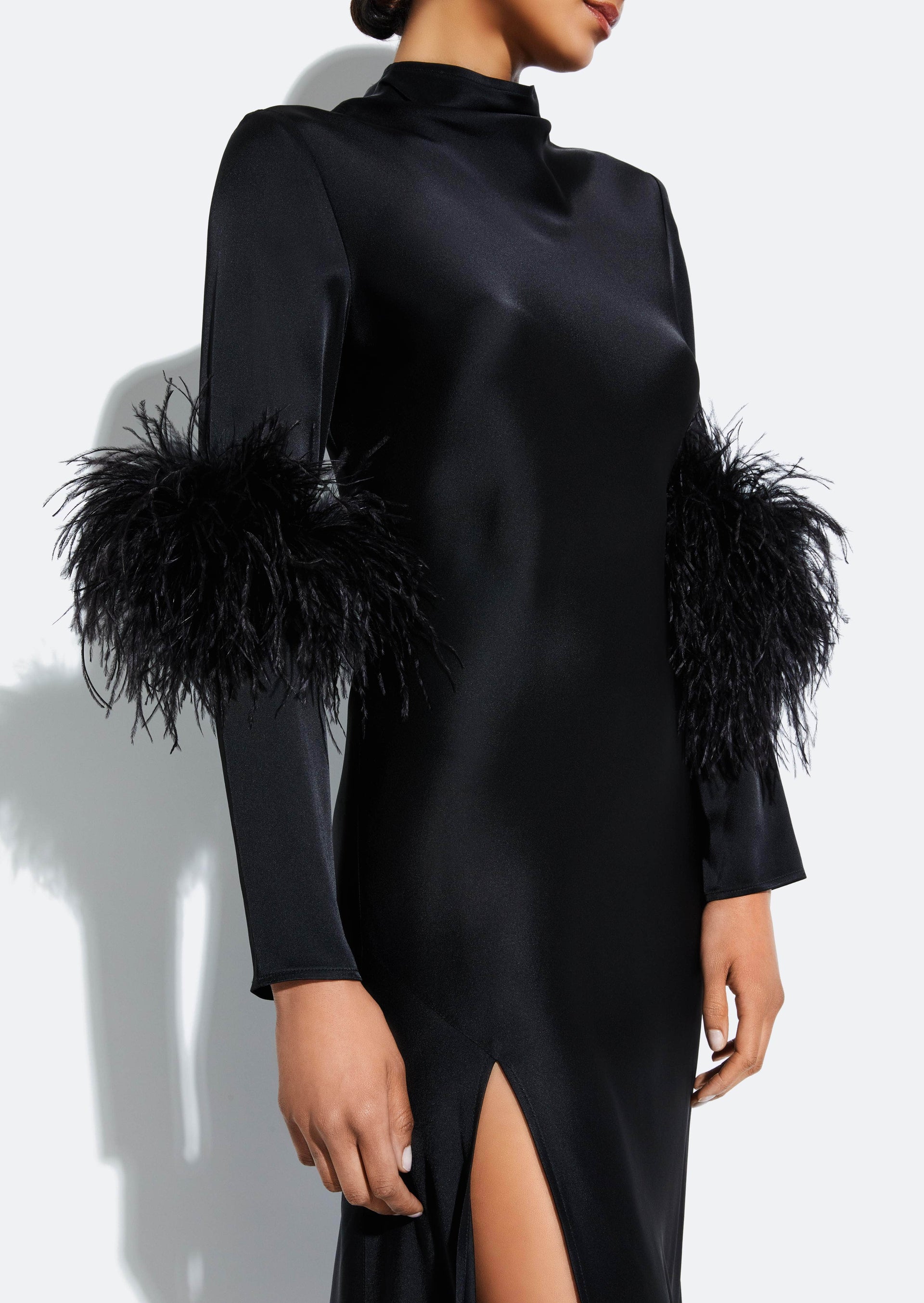 Satin Draped Neck Bias Dress With Feathers in Black Black | LAPOINTE