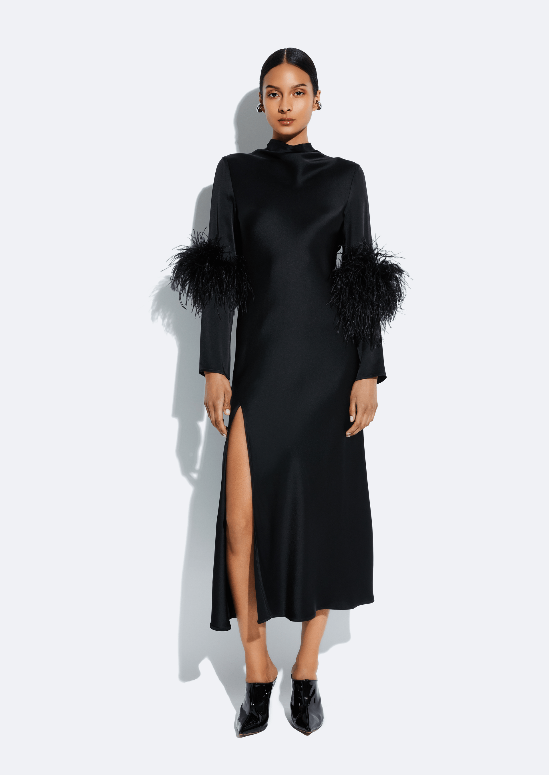 Satin Draped Neck Bias Dress With Feathers in Black Black | LAPOINTE