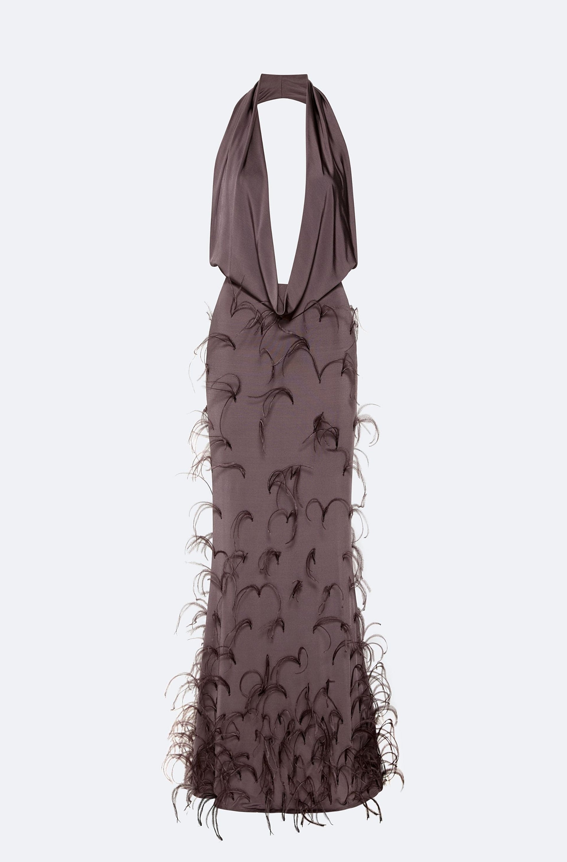 Lightweight Jersey Deep Cowl Neck Gown With Feathers in Mocha Dark ...