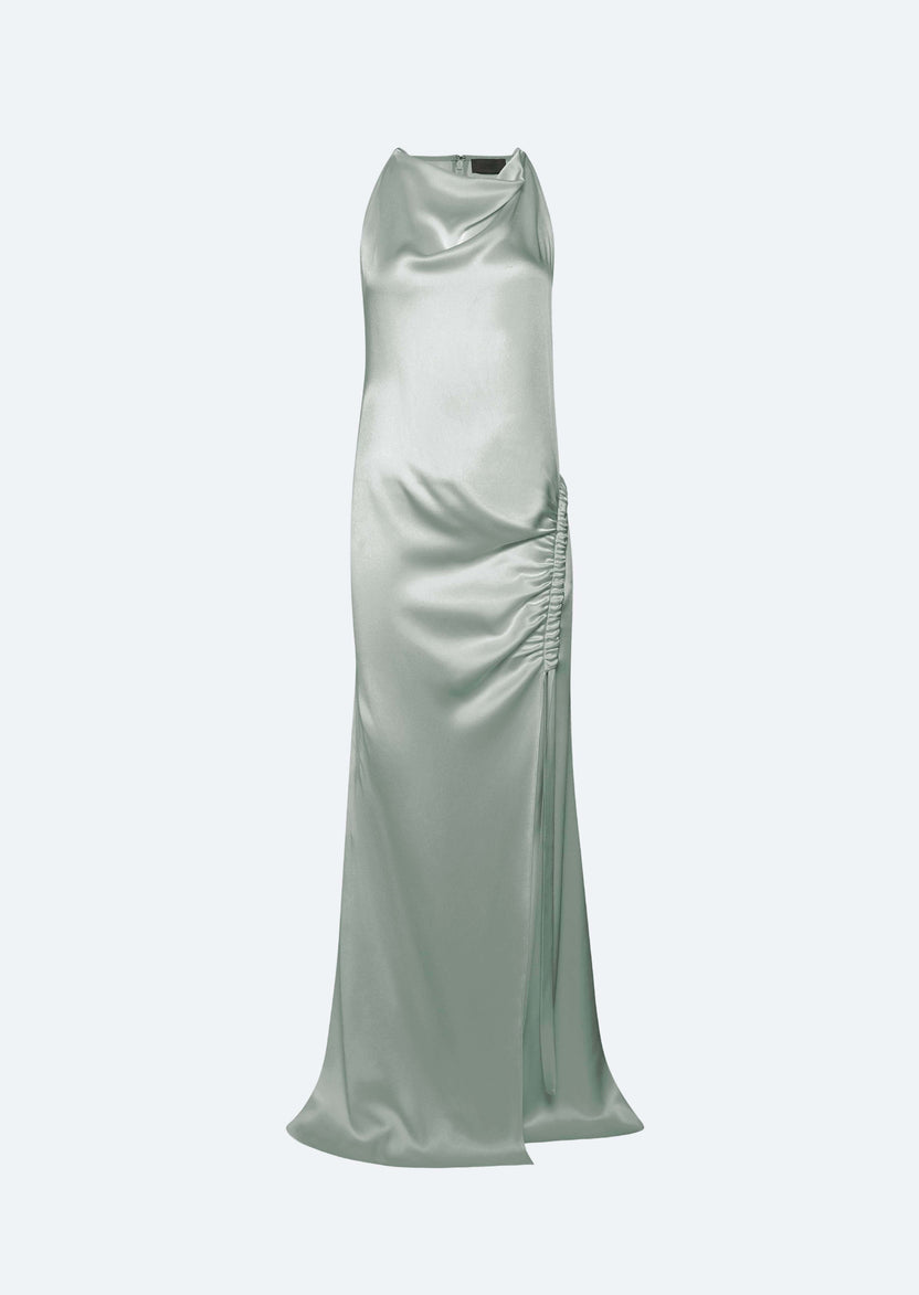 Satin Cowl Neck Tab Gown in Jade Green | LAPOINTE