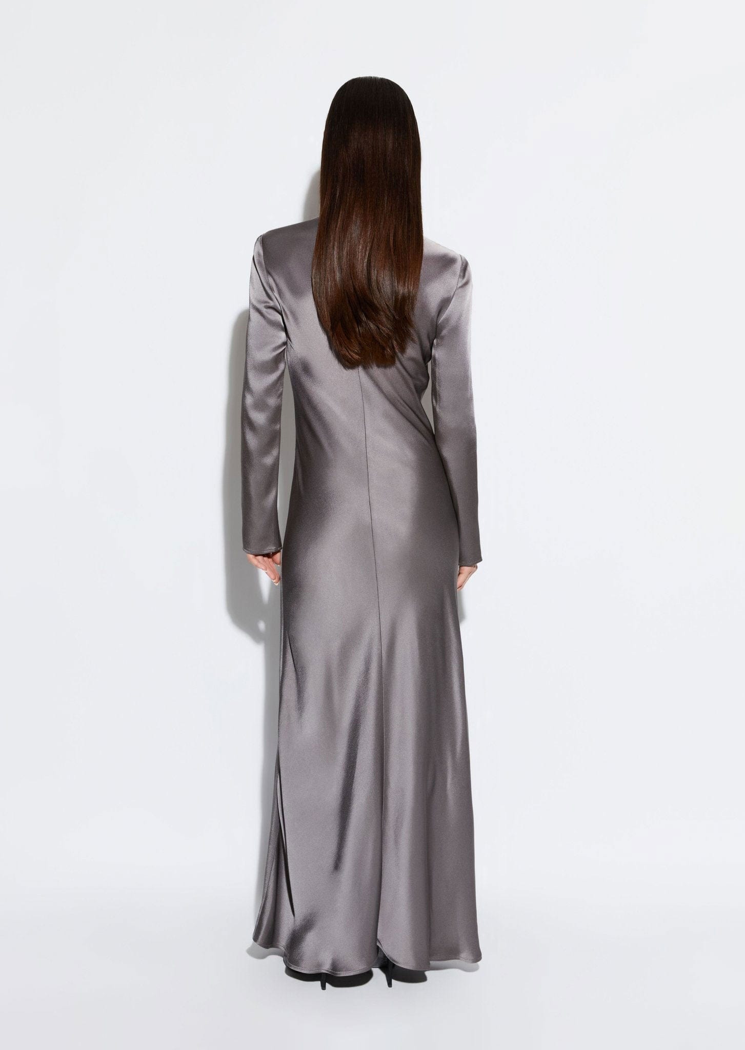 Satin Bias Tab Dress With Slit in Steel Gray and Charcoal | LAPOINTE