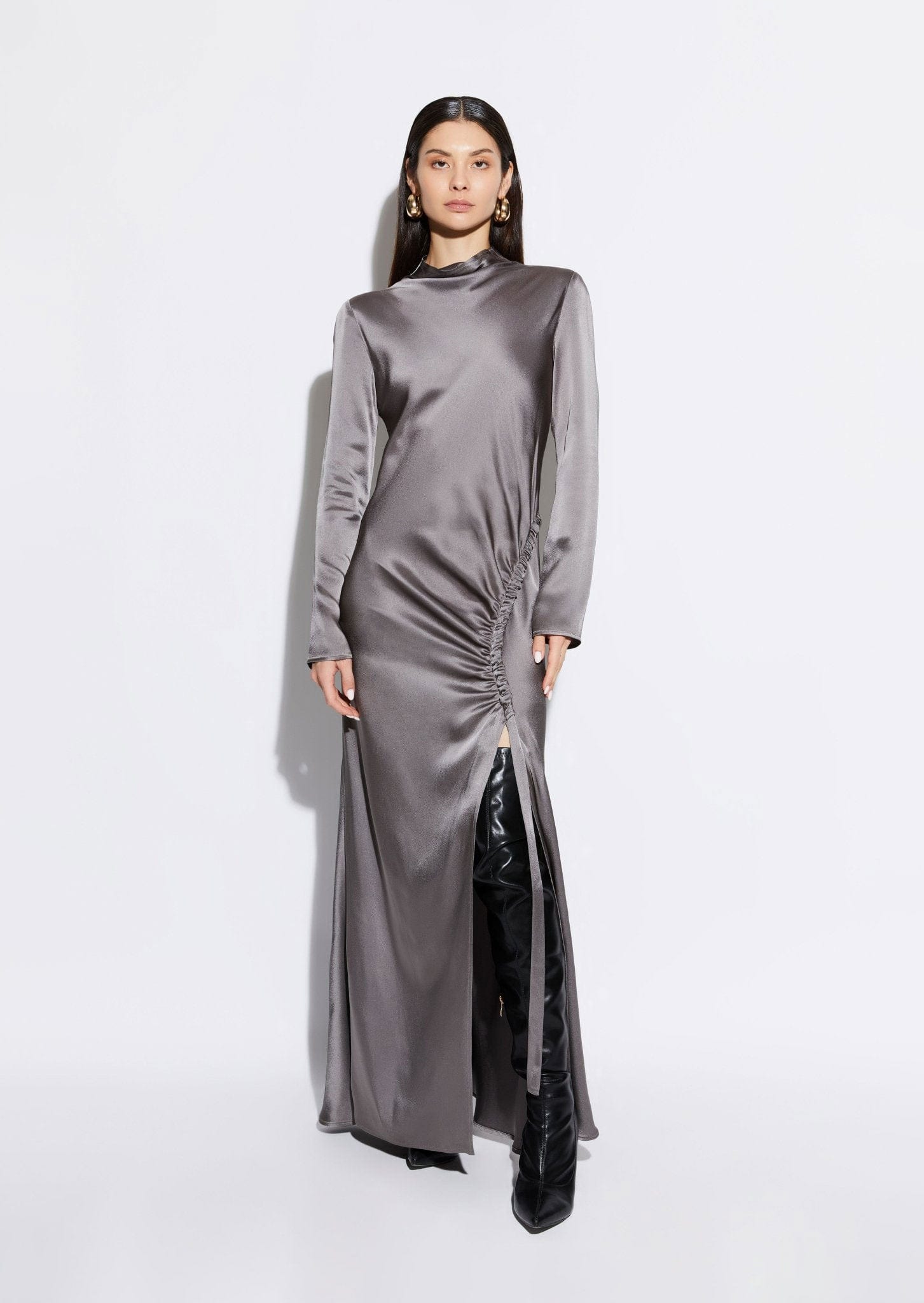 Satin Bias Tab Dress With Slit in Steel Gray and Charcoal | LAPOINTE