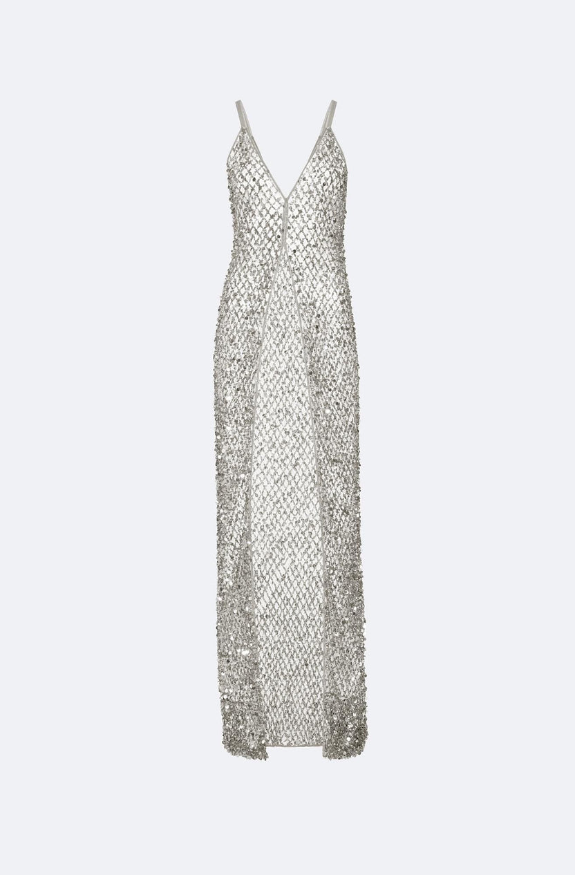 Net Mesh Sequin Long V Neck Cami Top in Silver Steel | LAPOINTE