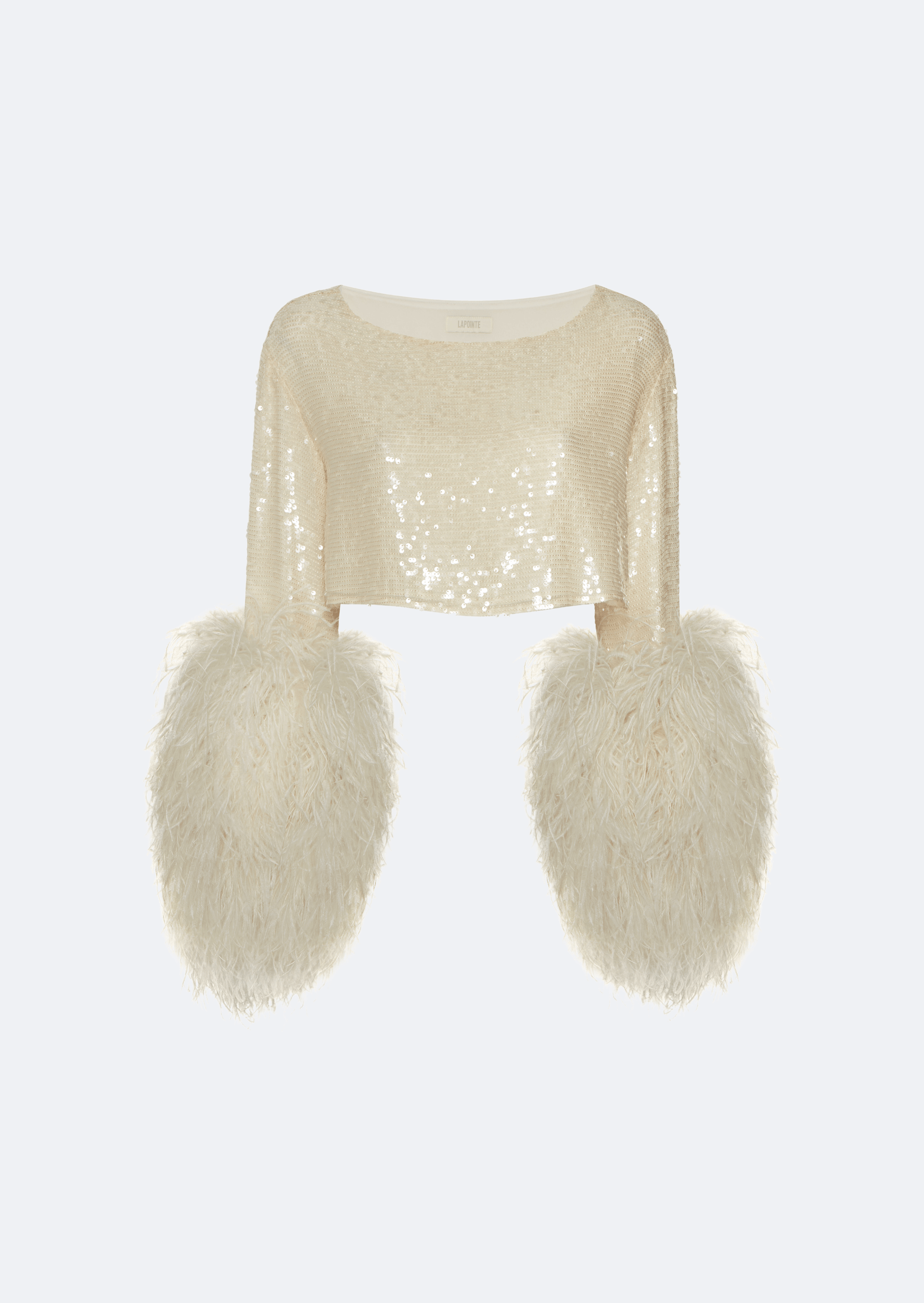 Sequin Cropped Top With Feathers in Cream Cream and Neutral | LAPOINTE